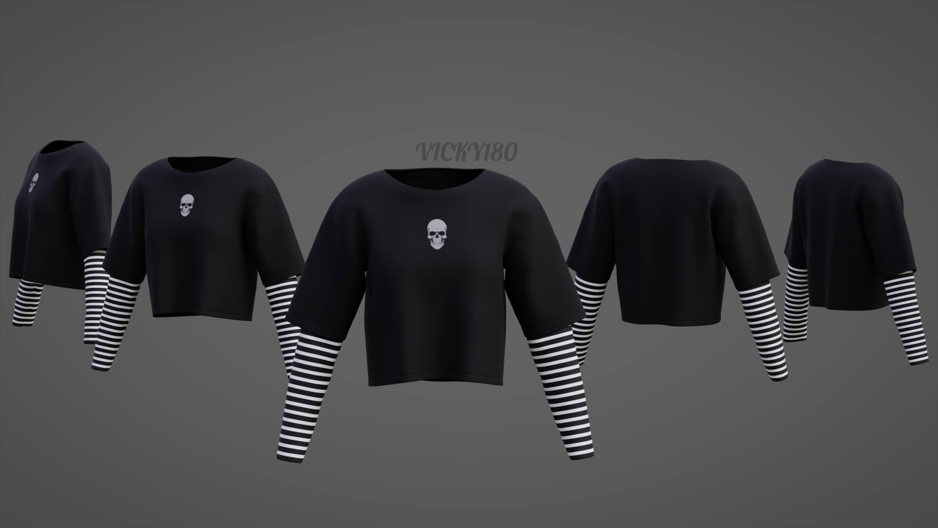 Y2K Grunge Crop Top - Goth Stripes Long Sleeve 2 Piece Shirt 3D Model ...