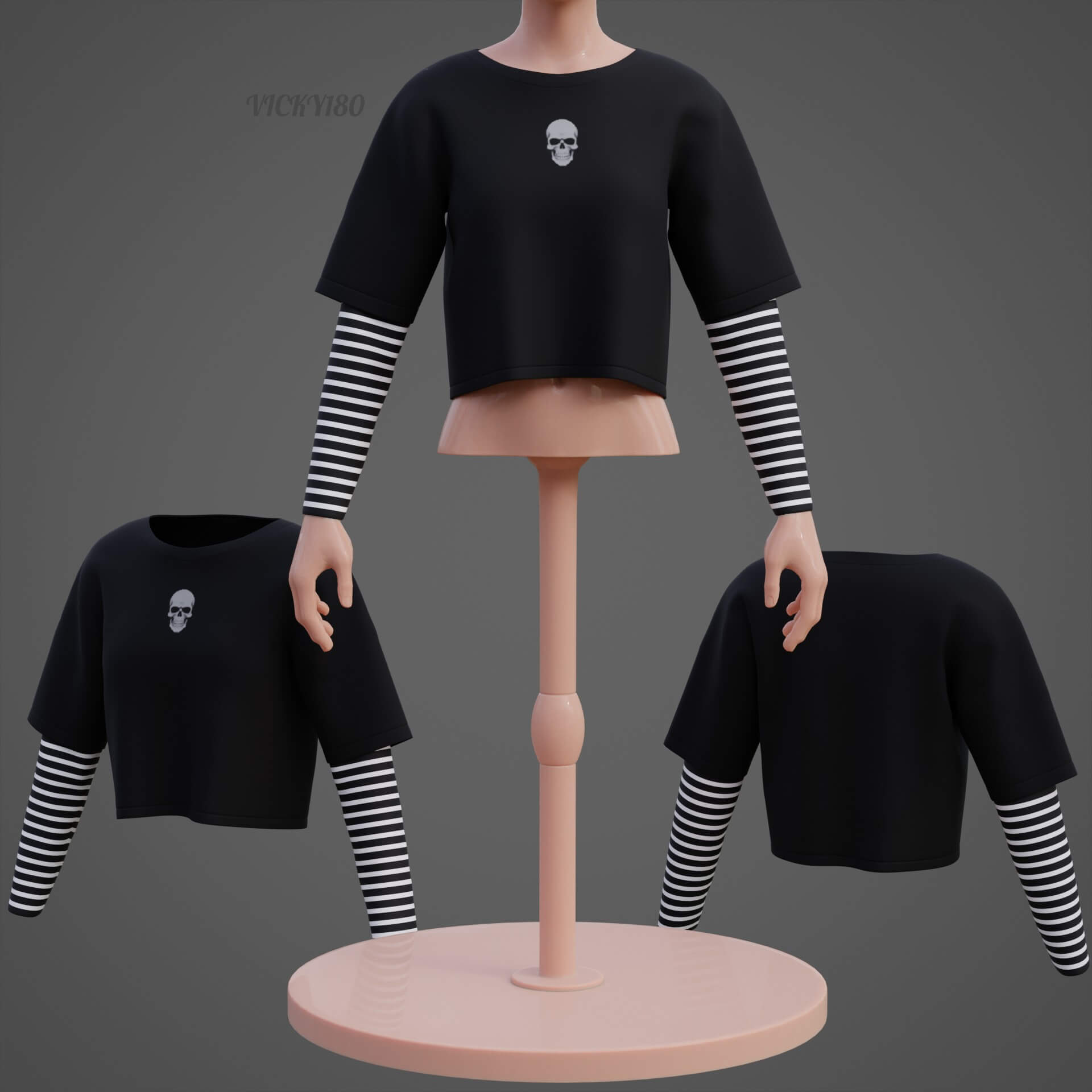 Y2K Grunge Crop Top - Goth Stripes Long Sleeve 2 Piece Shirt 3D Model ...