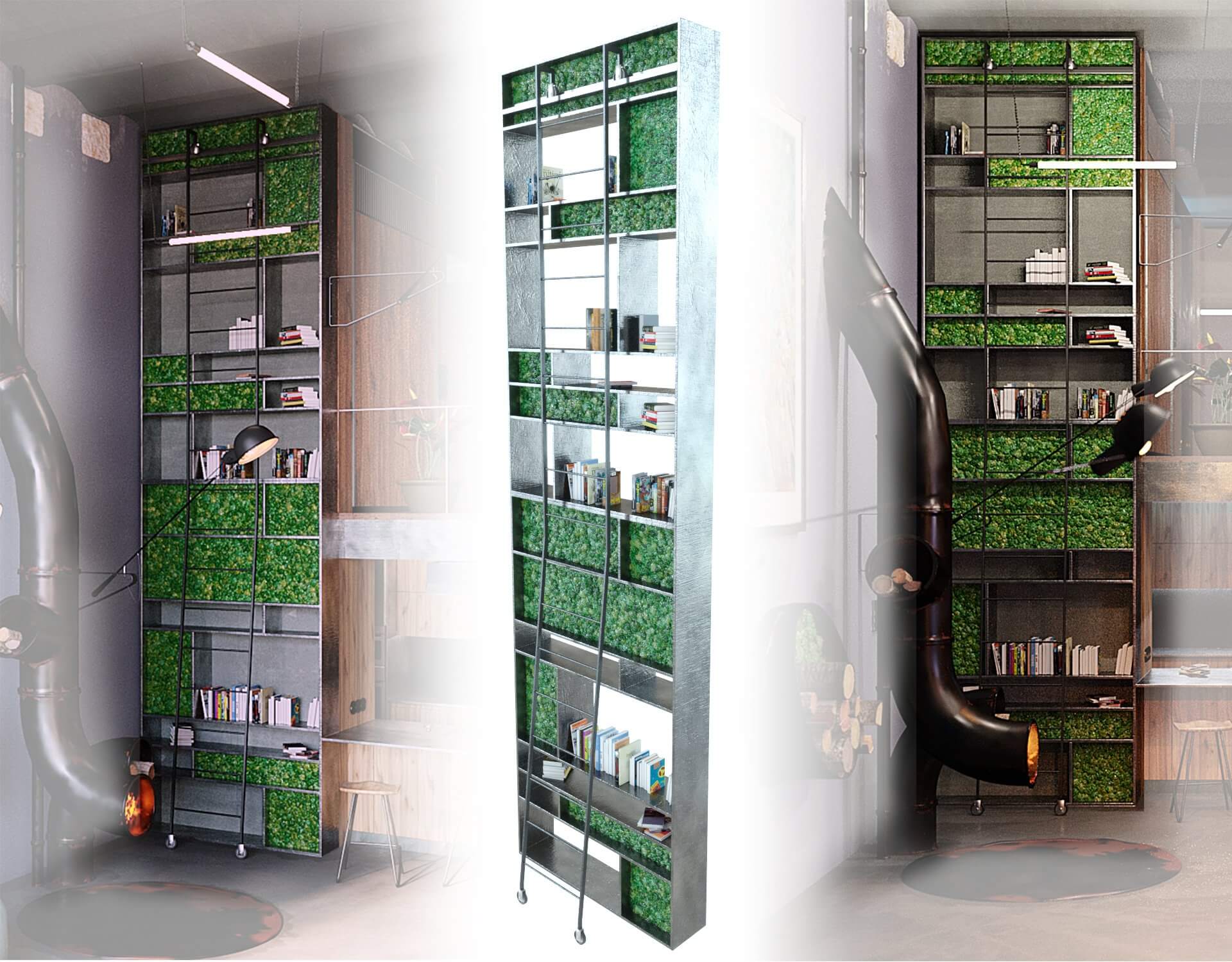 Loft Bookcase with Books and Plants - 3D Model by vip-demiurg