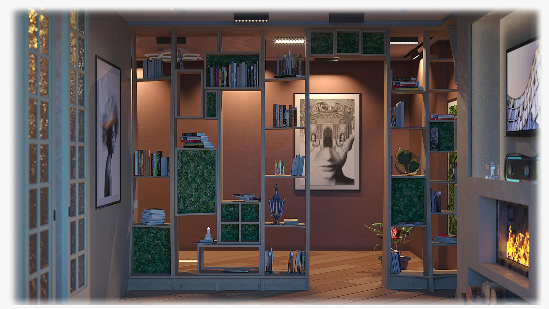 Wooden Bookcase With Moss Inserts - 3D Model by vip-demiurg