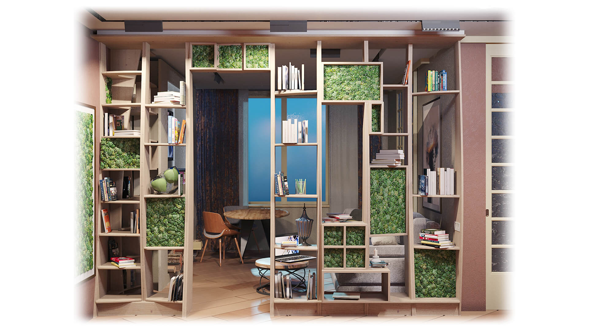 Wooden Bookcase With Moss Inserts - 3D Model by vip-demiurg