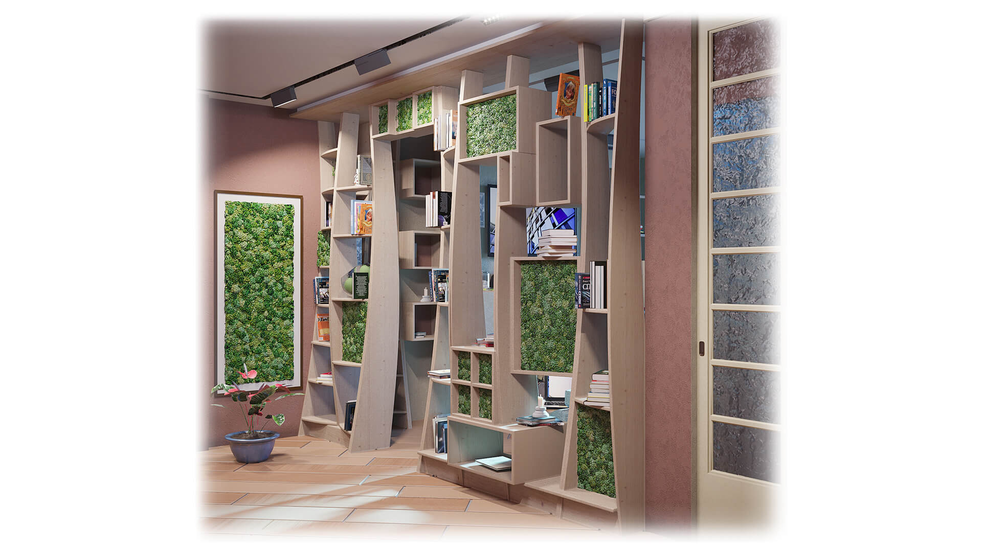 Wooden Bookcase With Moss Inserts - 3D Model by vip-demiurg