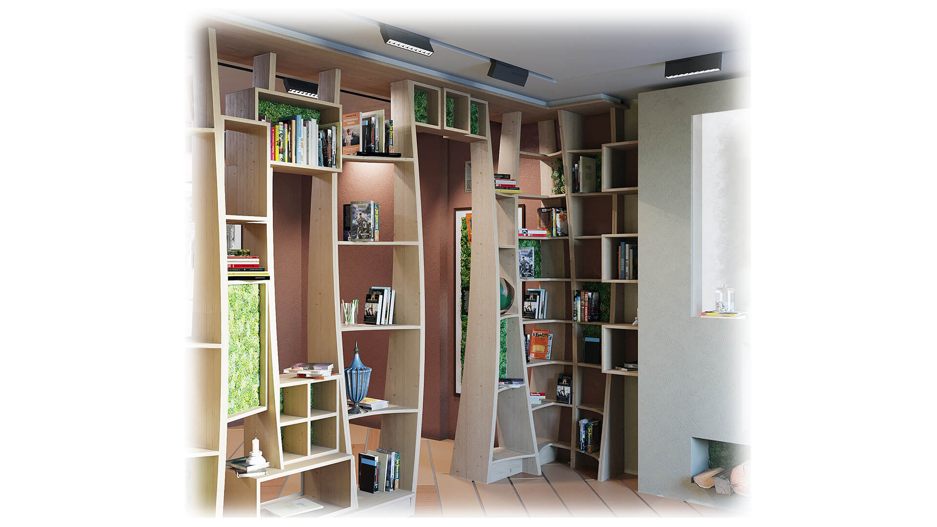 Wooden Bookcase With Moss Inserts - 3D Model by vip-demiurg