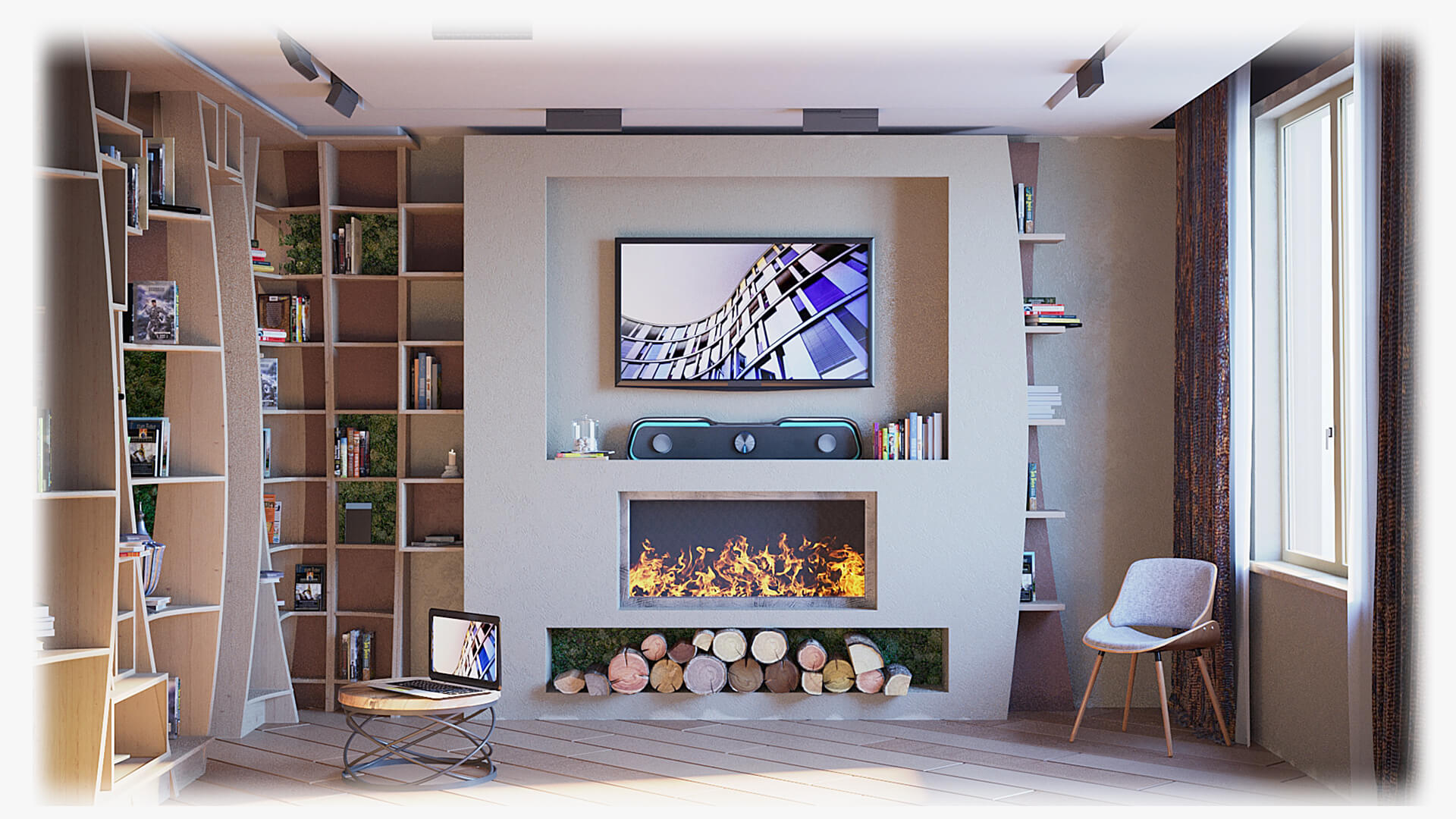 Wooden Bookcase With Moss Inserts - 3D Model by vip-demiurg