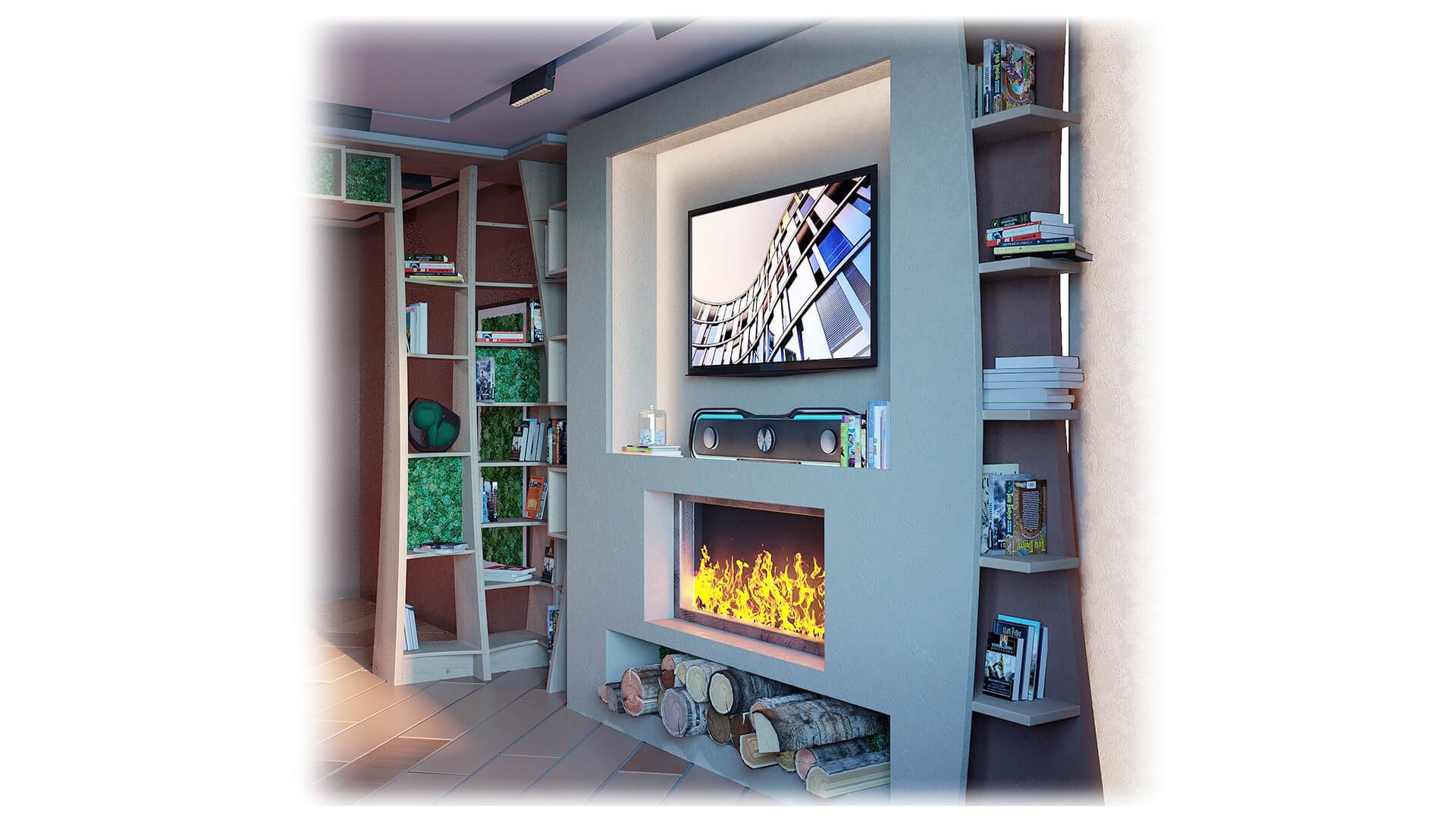 Wooden Bookcase With Moss Inserts - 3D Model by vip-demiurg