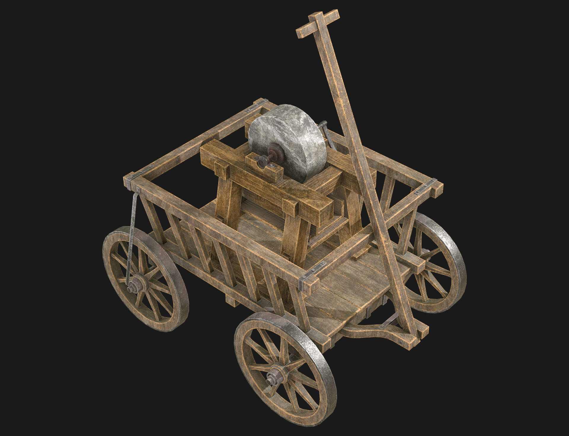 Cart With Old Grindstone 1 - 3D Model by virtual3d