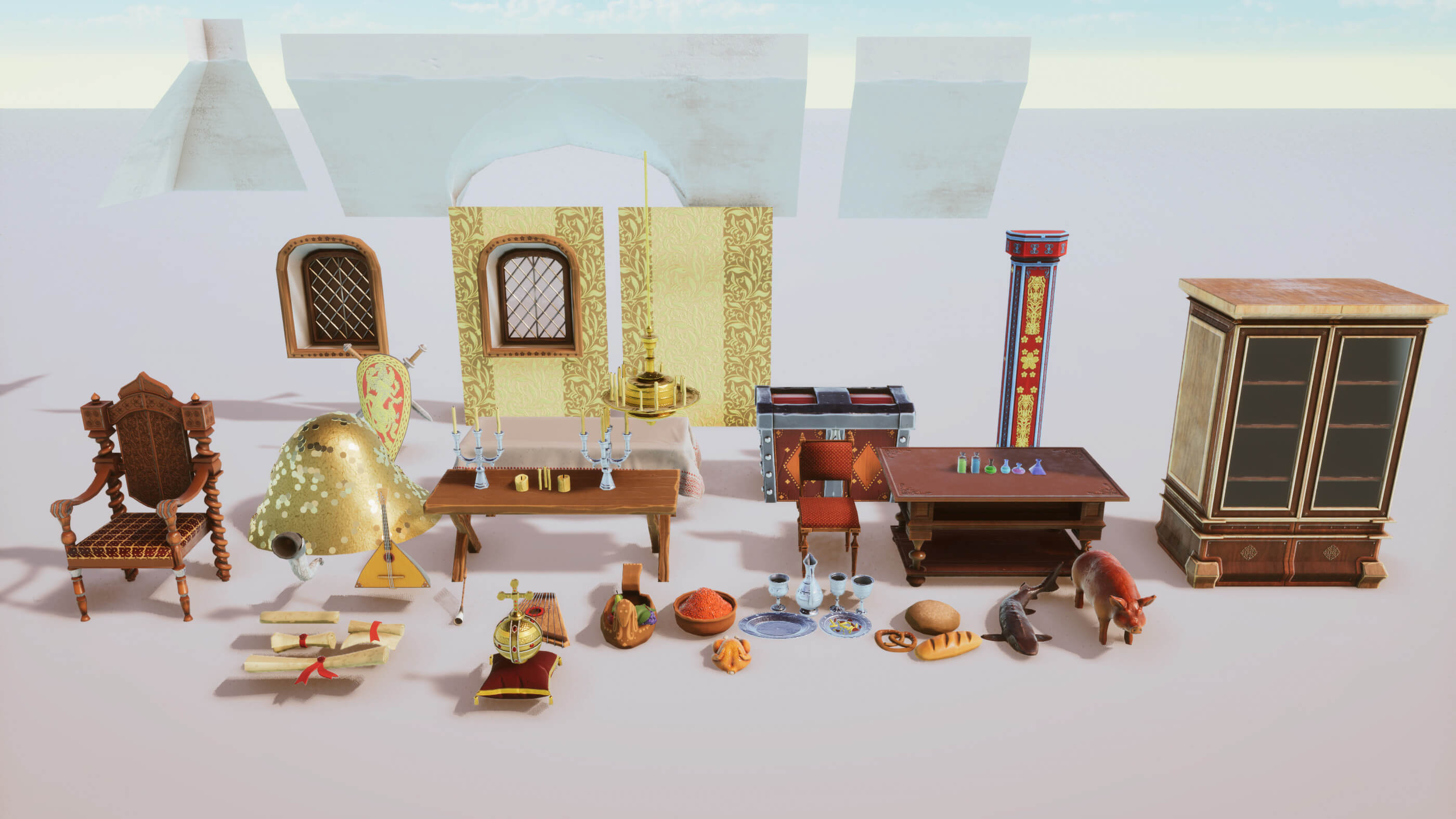Stylized Medieval Interior Props Kit 78 Items - 3D Model by Vladimir811