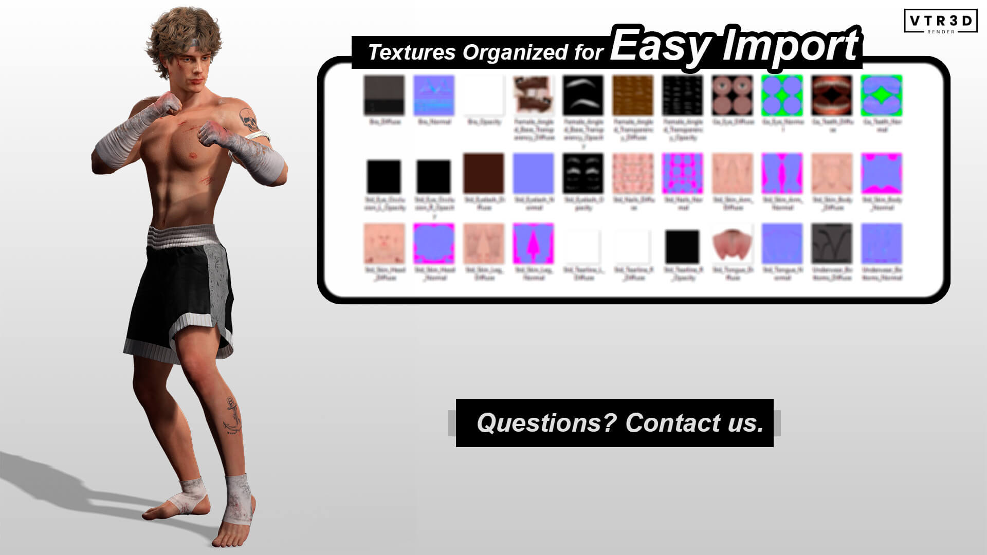 Realistic Male Fighter Battle-Ready Brawler with PBR Texture 3D Model ...