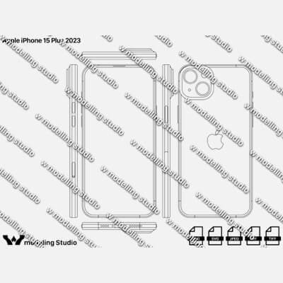 Apple Iphone 15 Plus 2023 blueprint - Stock Image by W modeling Blueprints
