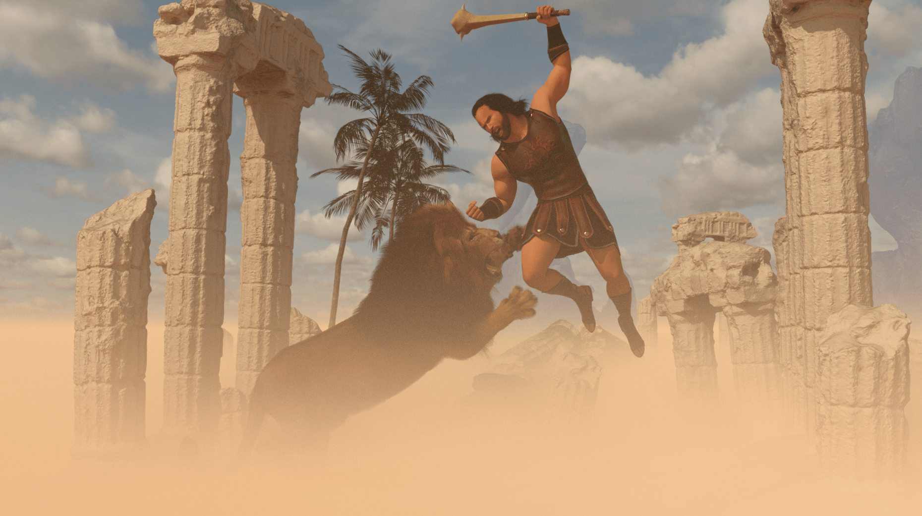 Hercules and the Lion. 3D Render, Digital Art by westcala1c