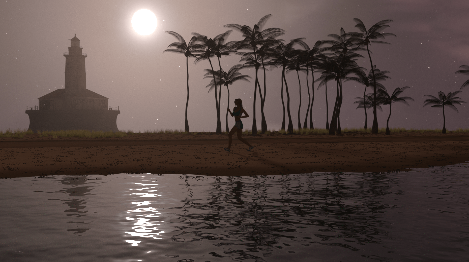 Moonlight Beach Run. 3D Render, Digital Art by westcala1c