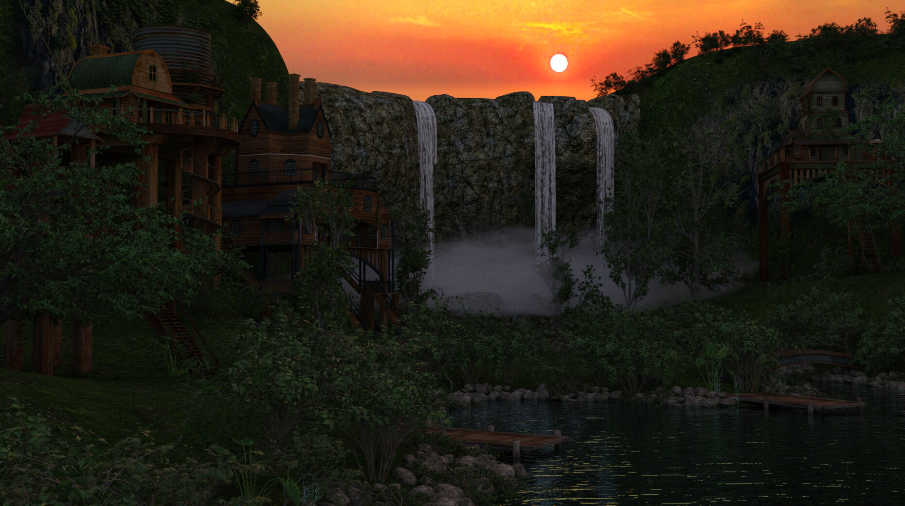 Sunset Falls 3D Render, Digital Art by westcala1c