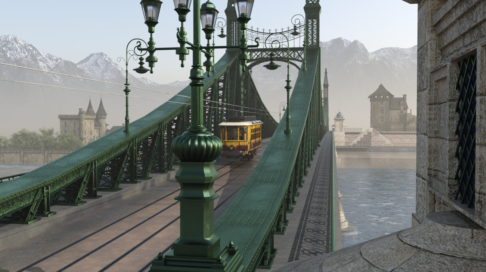 Tram River Crossing 3D Render, Digital Art by westcala1c