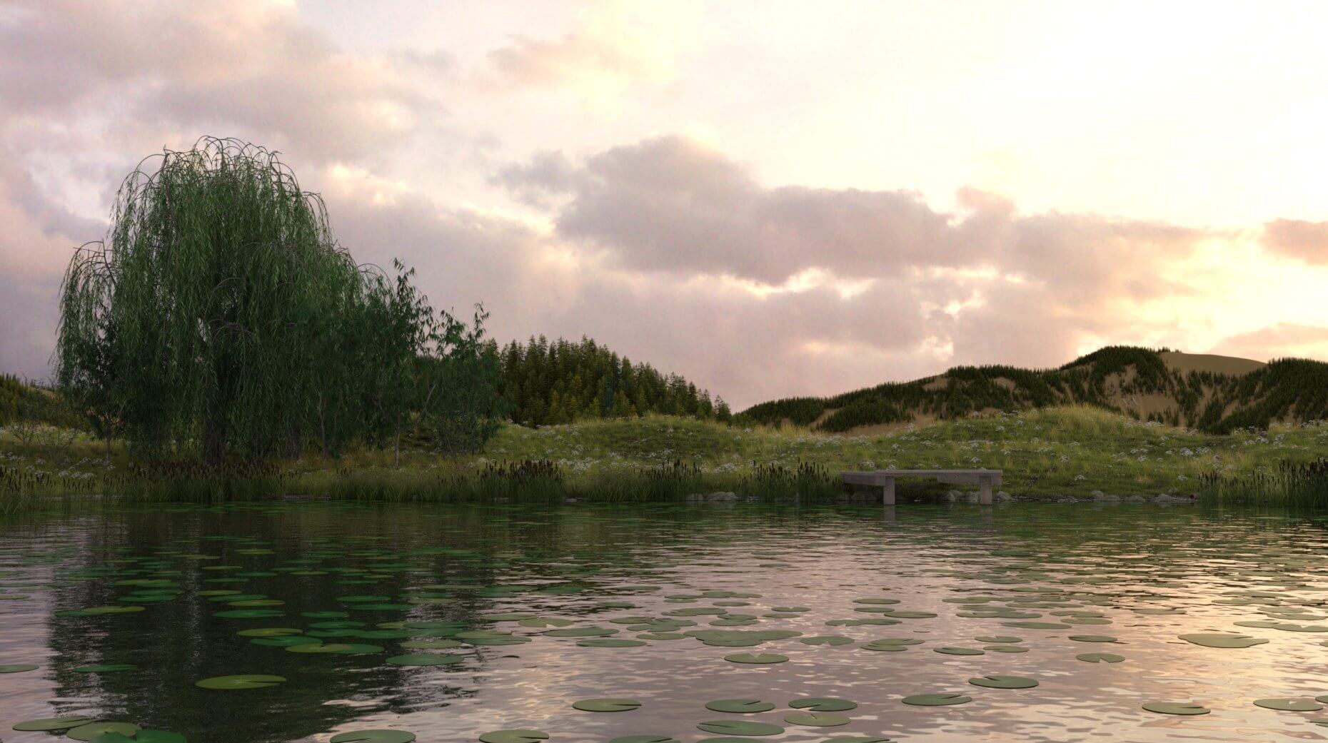 Willow Pond. 3D Render, Digital Art by westcala1c
