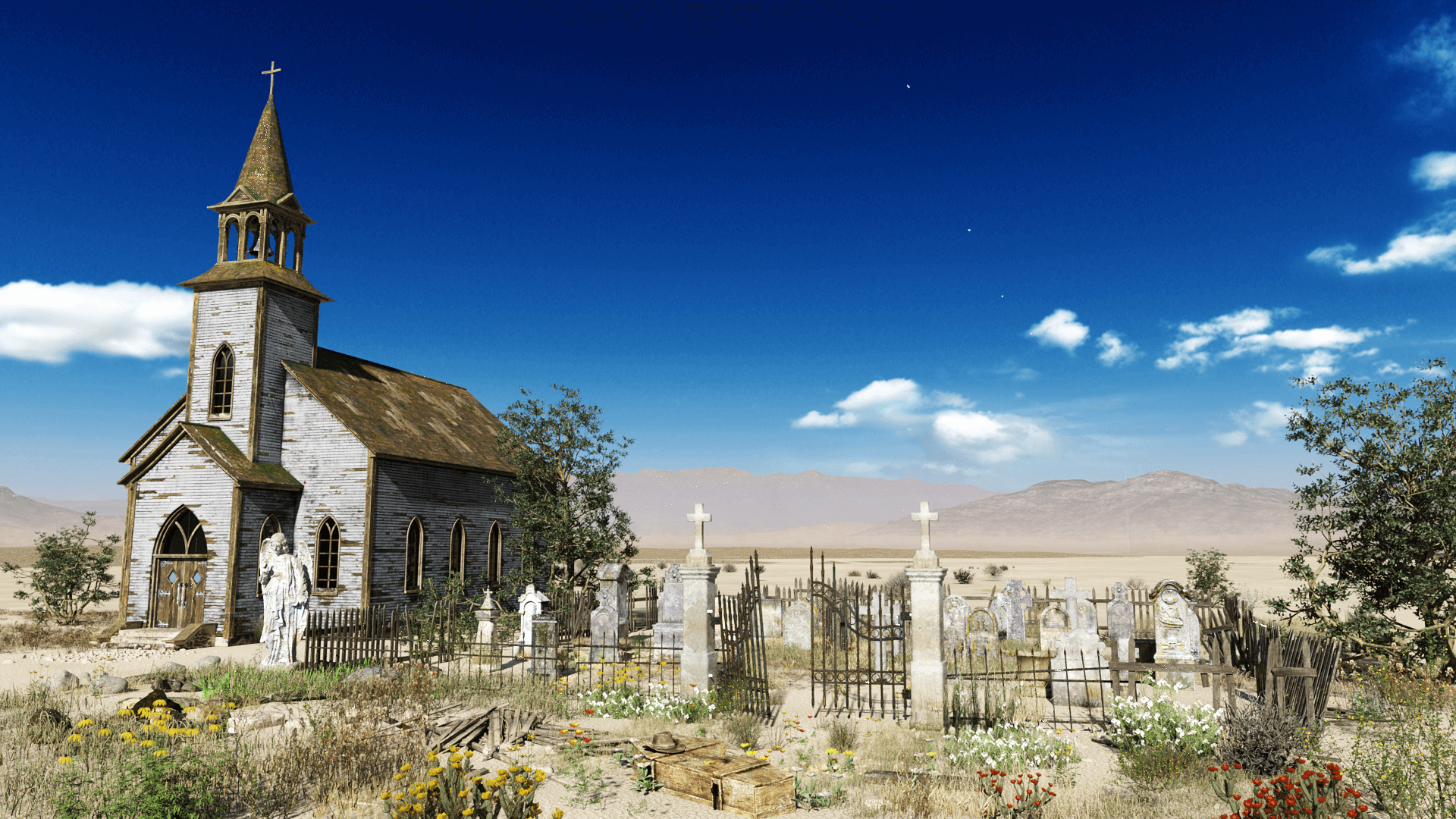 DILAPIDATED OLD WILD WEST CHAPEL AND CEMETERY 3D Render by Yemil