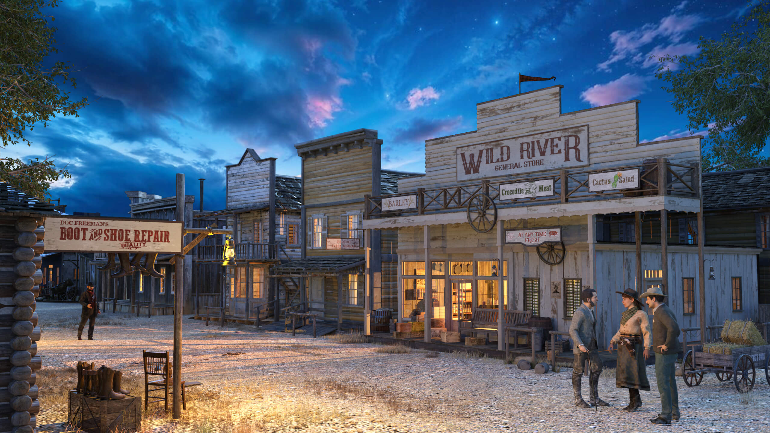 Western Street Scene Night Time 3D Render, Digital Art by Yemil