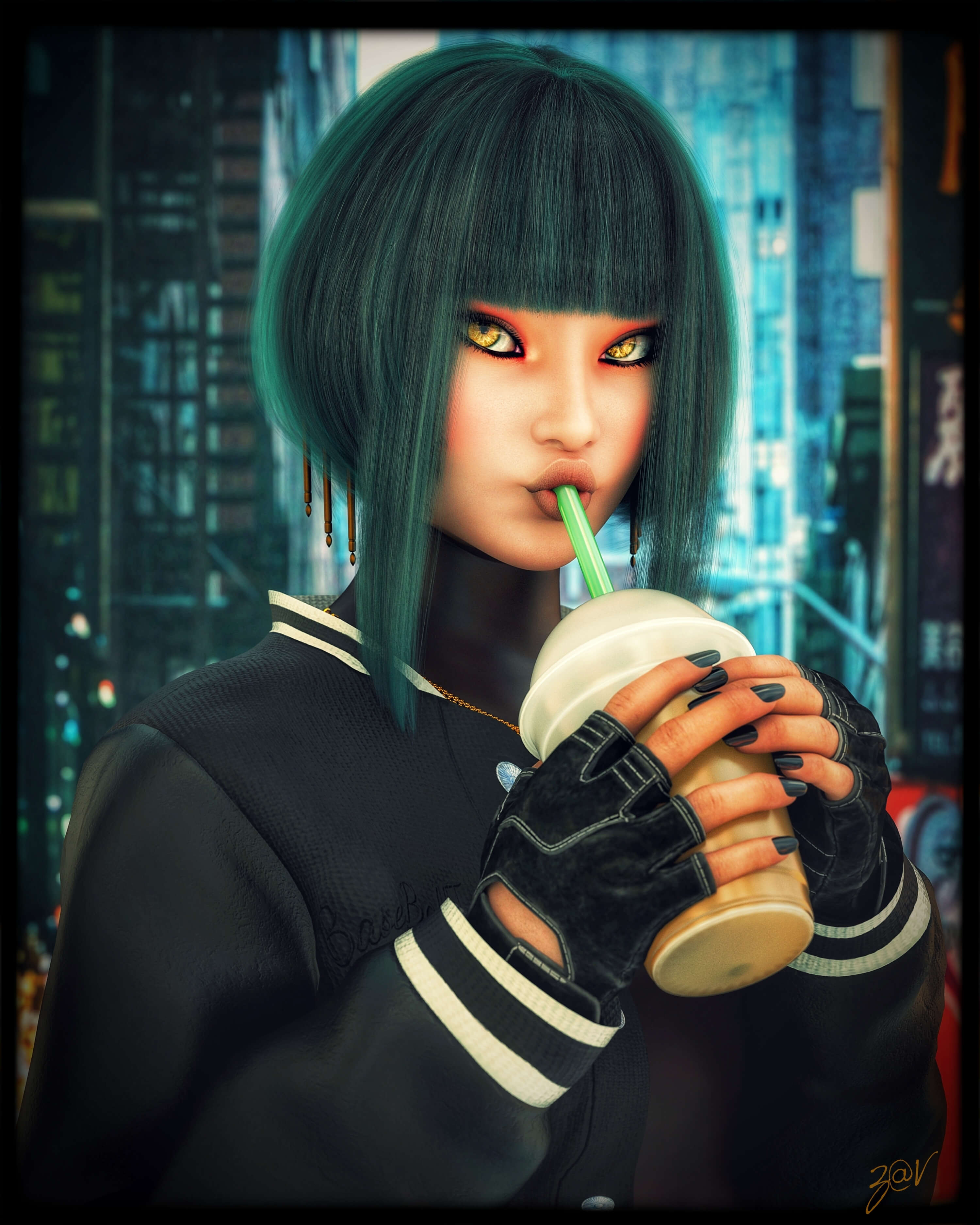 Badass Asian Chick 3D Render, Digital Art by Zavciu
